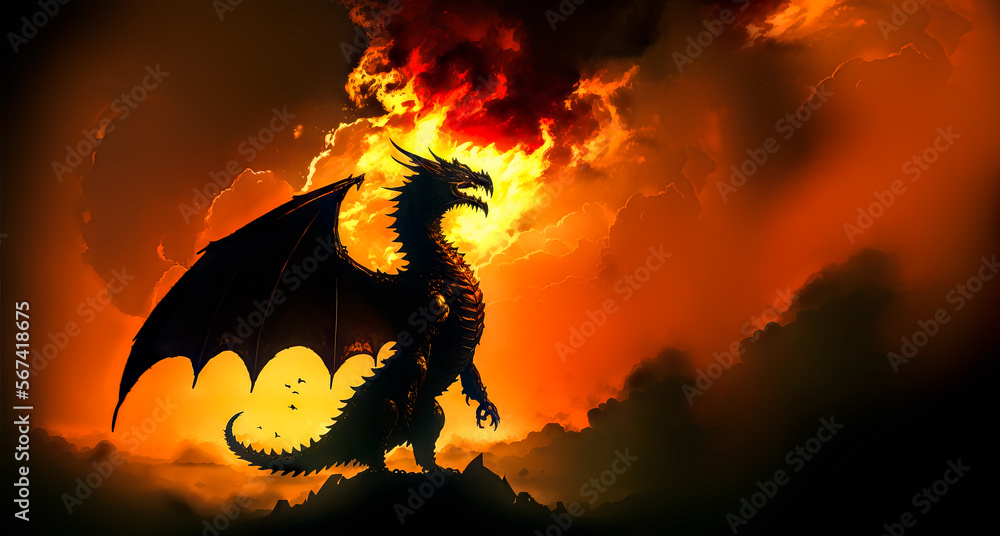Dragon Breathing Fire, fiery orange red planet earth. Mythology Dragon ...