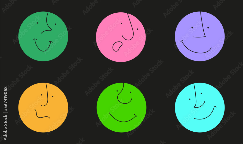 Funny round faces icon set vector in cartoon style. Colorful circle ...