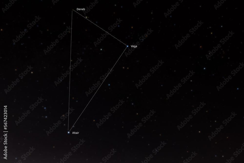 Summer triangle (Deneb, Vega, Altair) with line in dark night sky ...