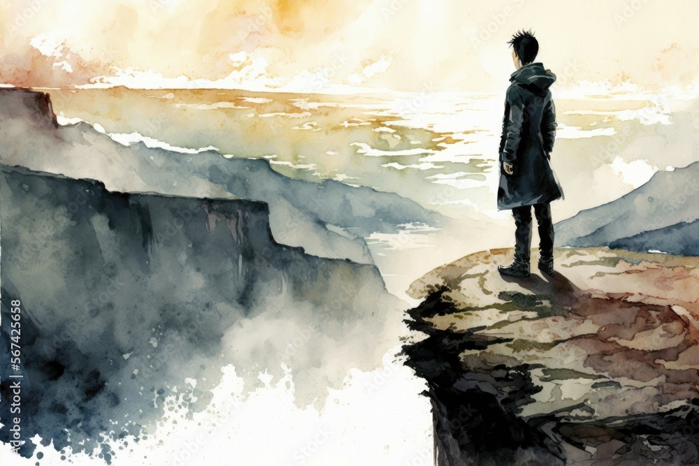 Estrangement concept. A person standing on a cliff looked out at the ...