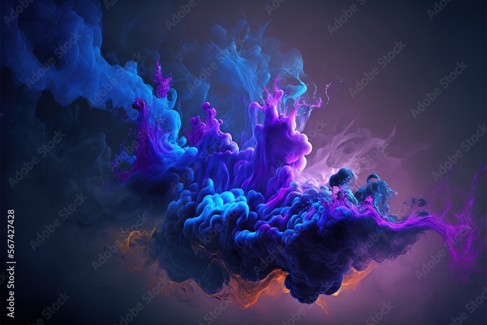 a blue and purple substance floating in the air with a black background ...