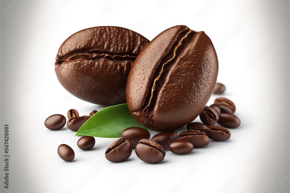 a couple of coffee beans sitting on top of a green leaf next to a pile ...