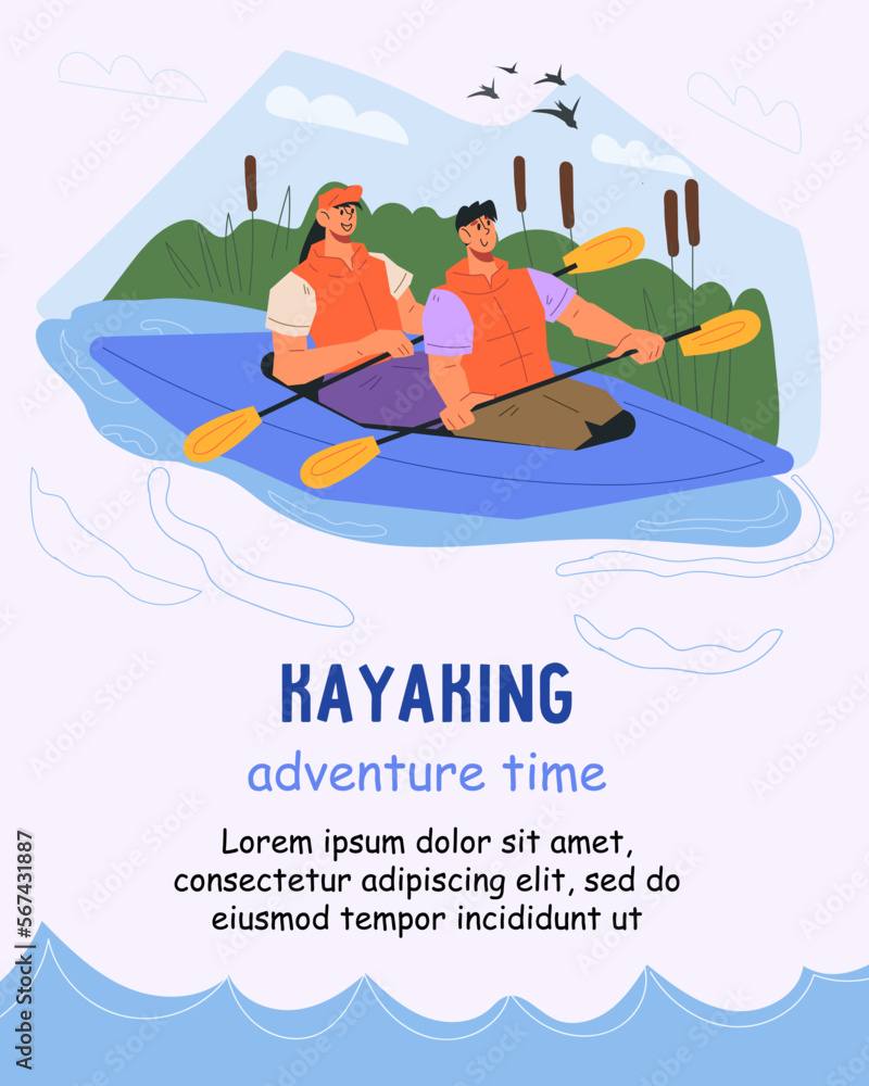 Kayak water sport banner or card, river or lake adventure, poster ...