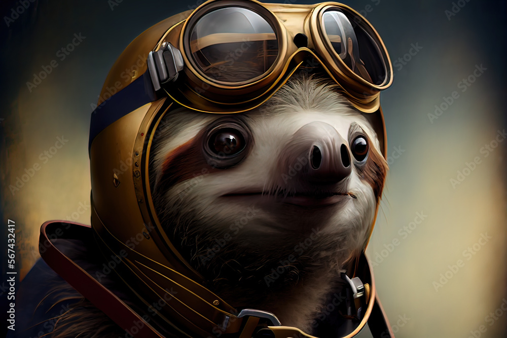 ai generated, Portrait of a sloth wearing old school racing gear helmet ...