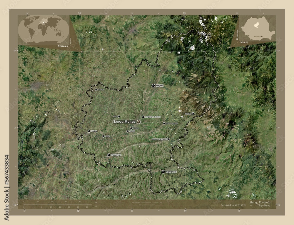 Mures, Romania. High-res satellite. Labelled points of cities Stock ...