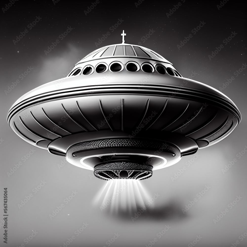 Grayscale of flying saucer, ufo display in black and white, generative ...