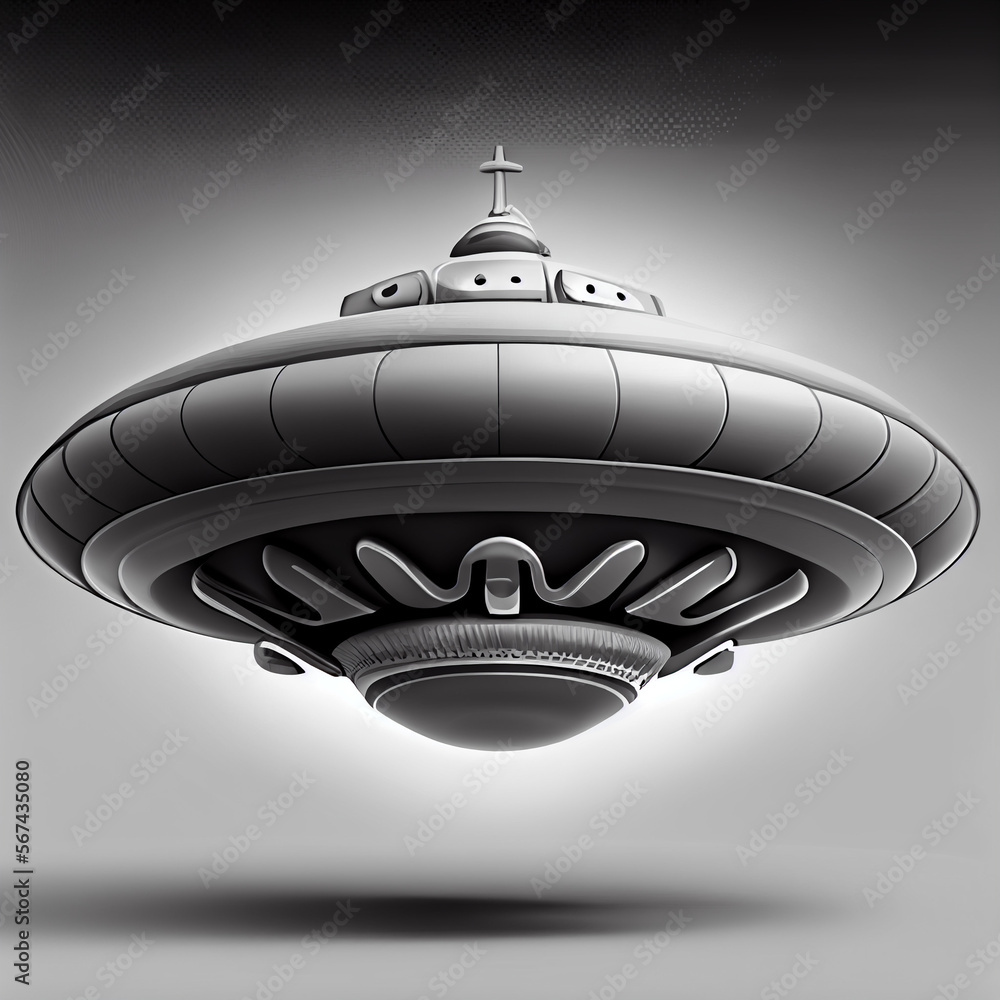 Grayscale of flying saucer, ufo display in black and white, generative ...