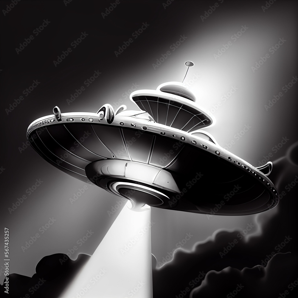 Grayscale of flying saucer, ufo display in black and white, generative ...