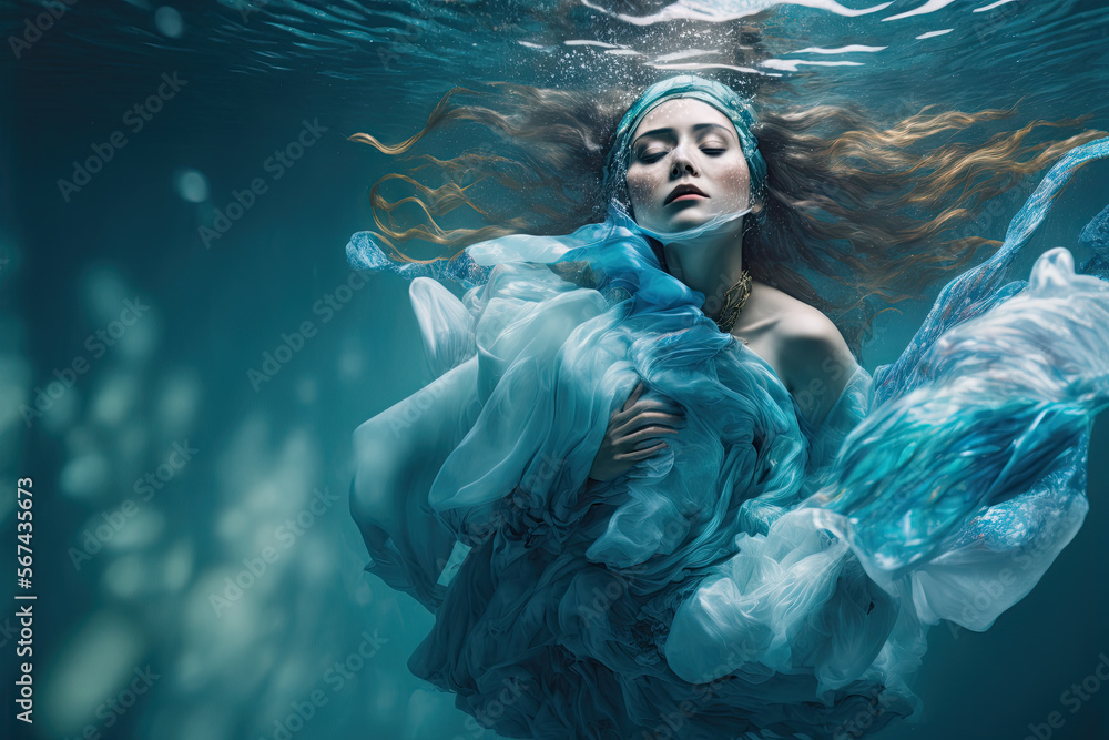 Generative AI illustration of an attractive young woman underwater ...