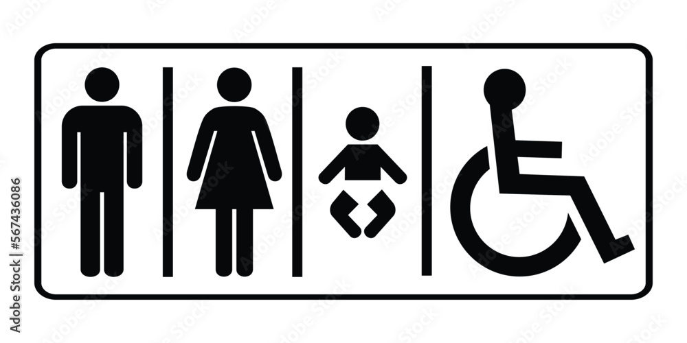 Restroom sign. Toilet sign with man, lady, baby and person with ...