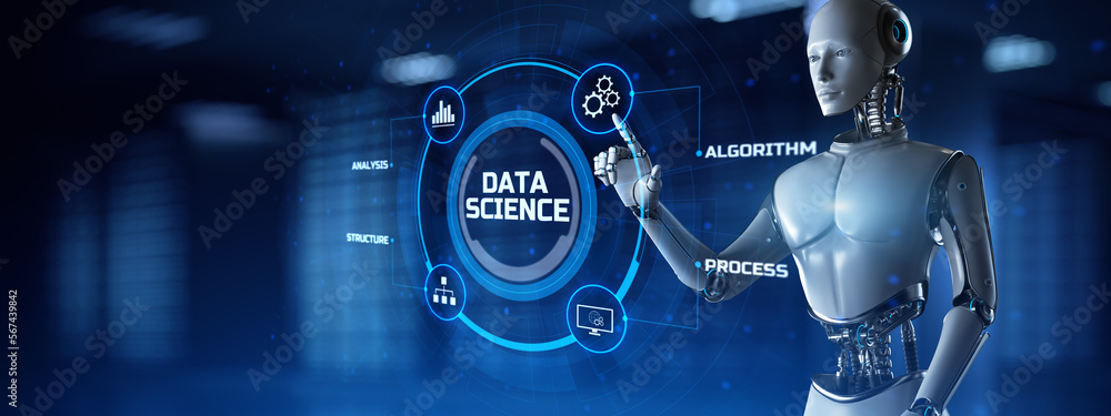 Data science analytics technology concept. Robot pressing button on ...
