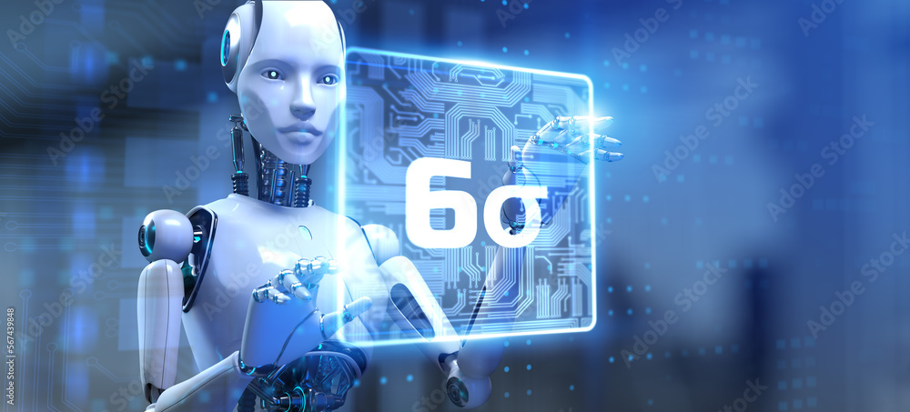 Six sigma DMAIC lean manufacturing concept. Robot pressing button on ...