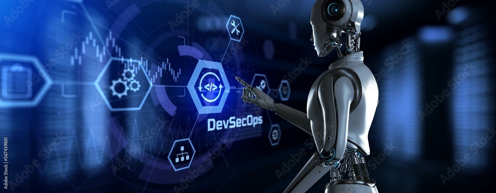 DevSecOps programming software development concept. Robot pressing button on screen 3d render ...