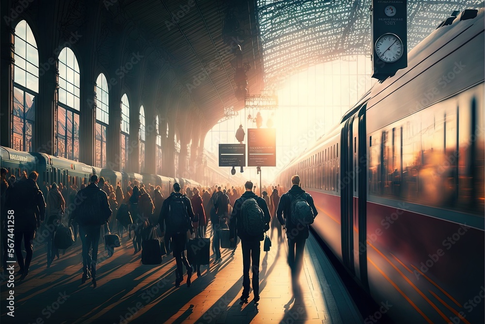 a group of people walking towards a train at a train station with a ...
