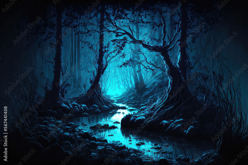 Digital painting. Dark forest landscape with blue light. (ai generated ...
