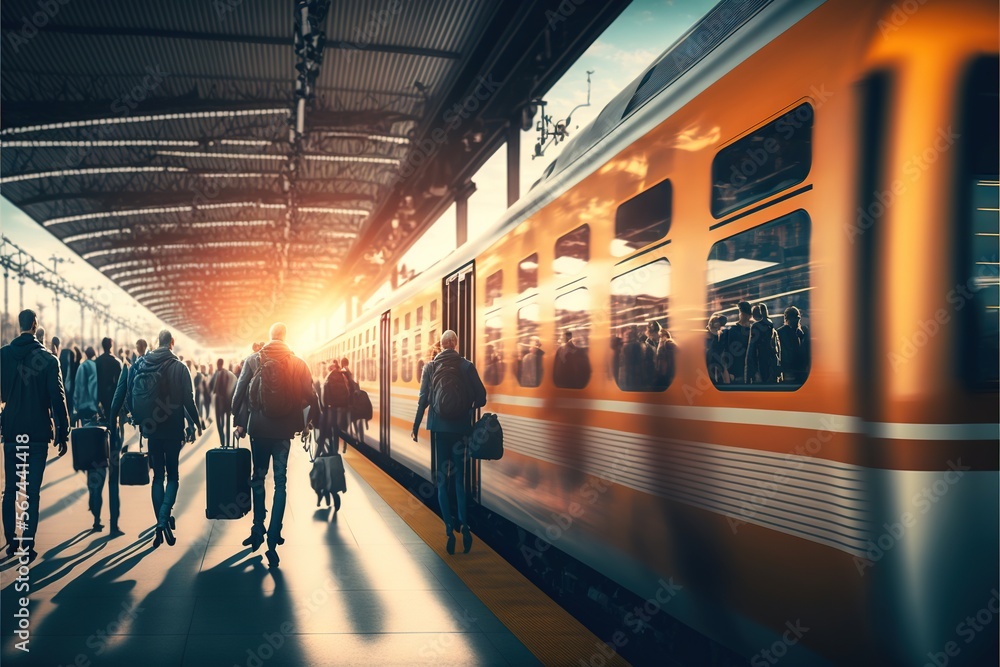 a group of people walking next to a train at a train station with a ...