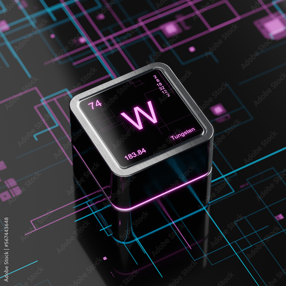 Tungsten element symbol in periodic table, metallic cube with LCD black ...
