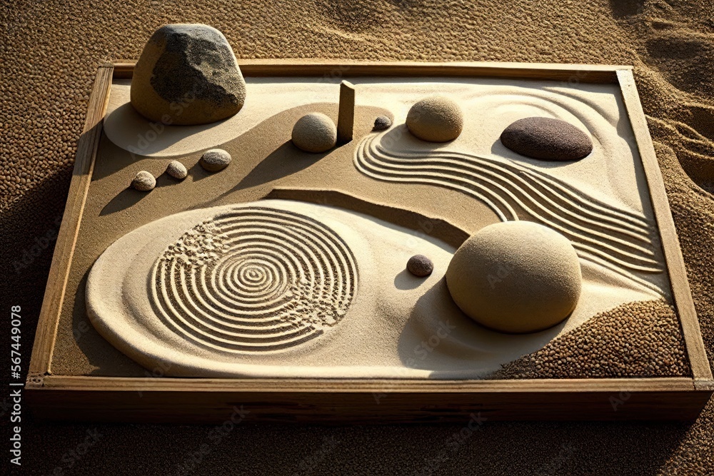 Zen sand garden. White and gray zen stones on sand with abstract wave ...
