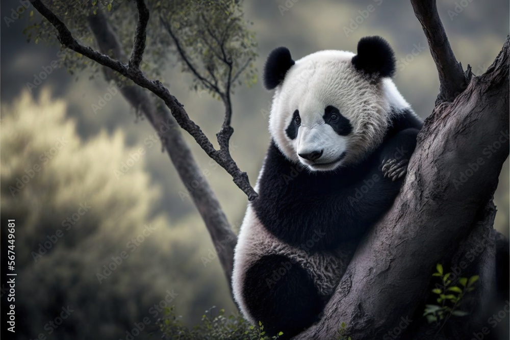 a panda bear sitting in a tree with its head on the branch of a tree ...