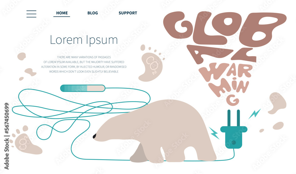 Landing page with glacier lettering GLOBAL WARMING. The glacier melt ...