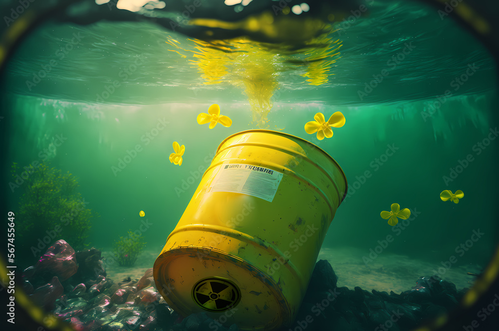 Yellow barrels for nuclear radiation waste floats on ocean. Concept ...