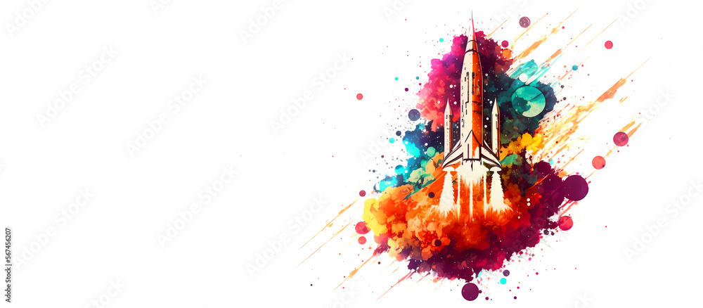 Launching space rocket flying between clouds, white background. Concept ...