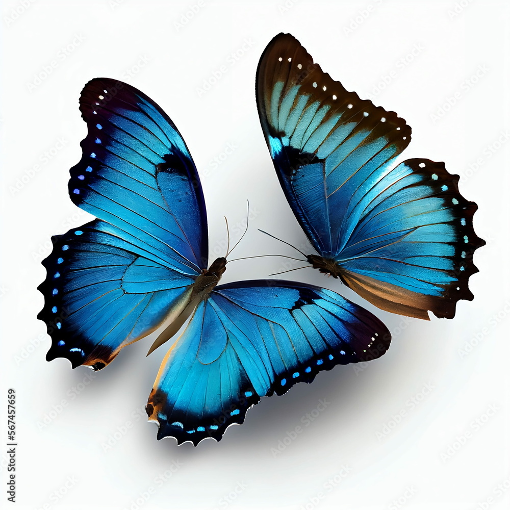 Set of Two blue butterflies isolated on white background. Blue ...