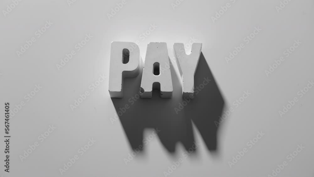 the word PAY appearing letter by letter on white background with ...
