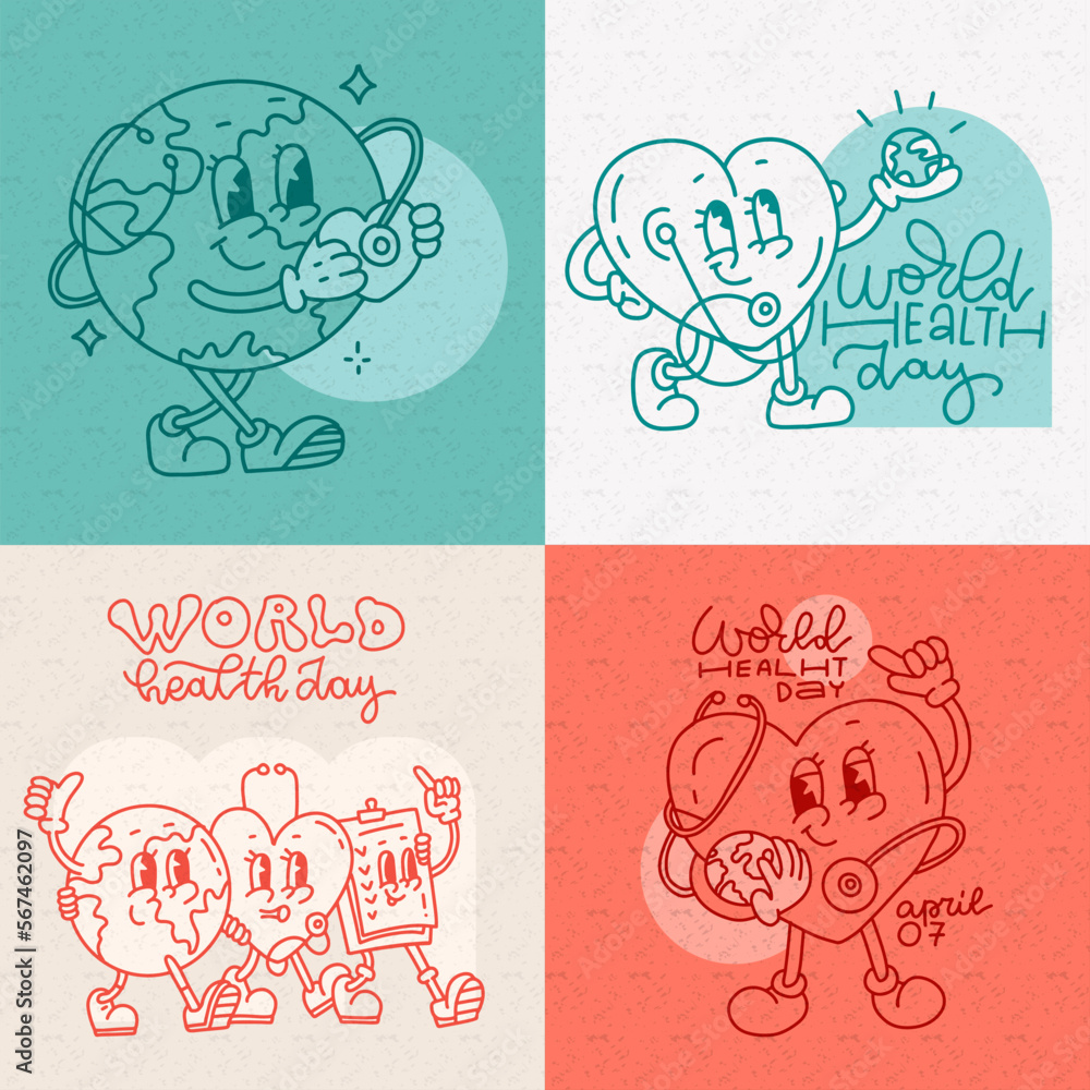 Greeting cards set for world health day with groovy heart and planet ...