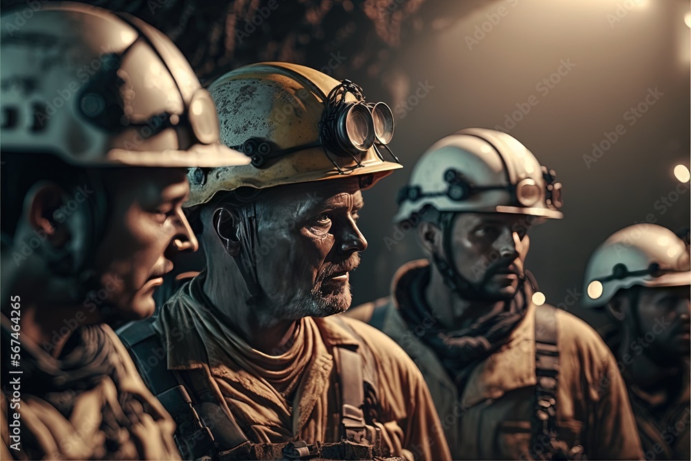A group of workers in a specialized form,mine,miners,work, bowels ...