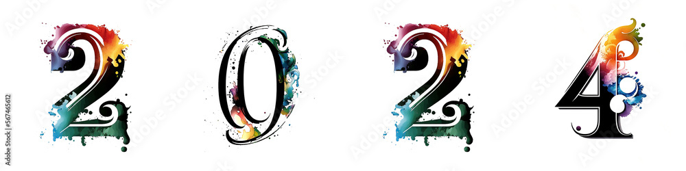 Numbers 2024, font drawn with watercolors. Splashes of colors and ...