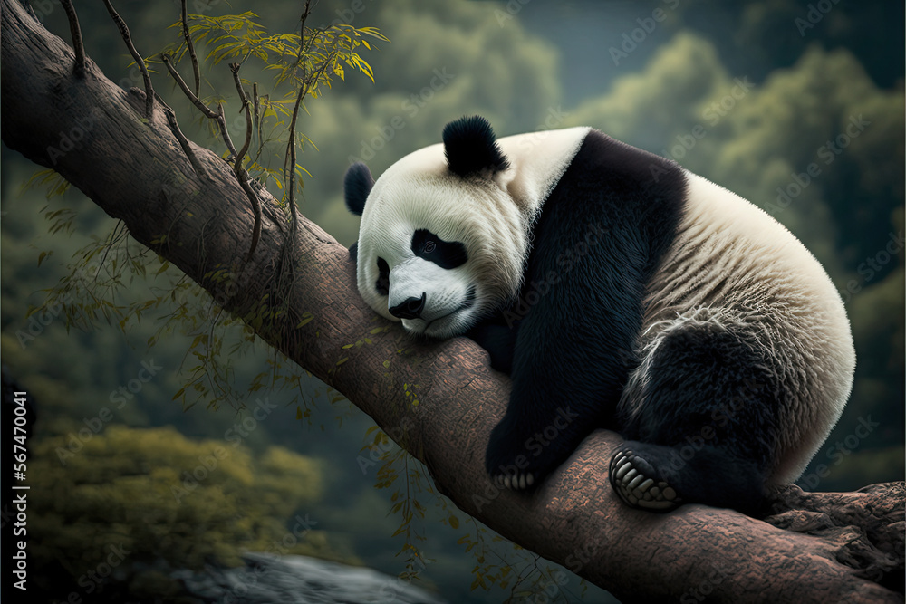 Lazy Panda Bear Sleeping on a Tree Branch Stock Illustration | Adobe Stock