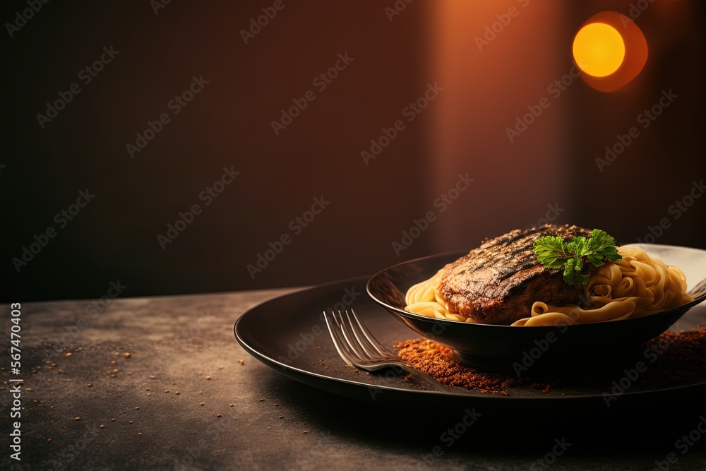 Restaurant plate with food, dish with meat advertising banner ...