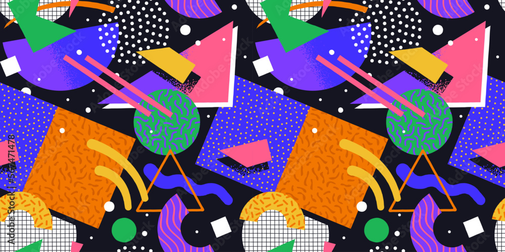 Colorful 90s style geometric shape seamless pattern. Trendy flat ...