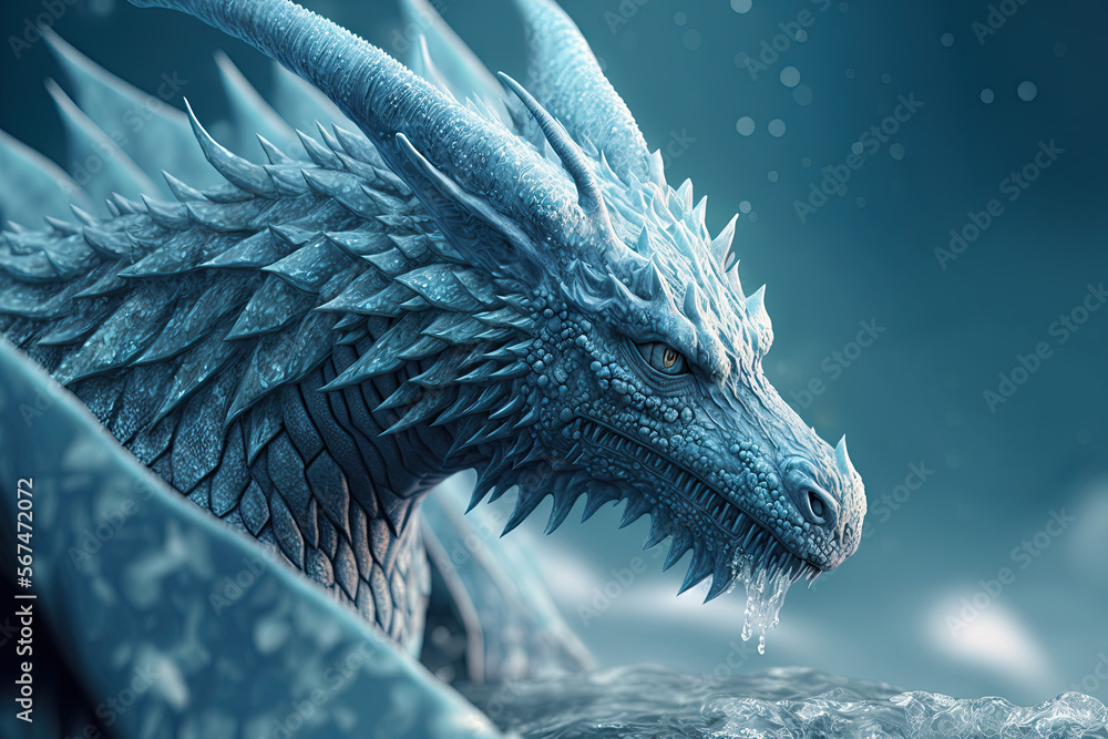 Blue frost giant dragon with scales on winter background. Mythological ...