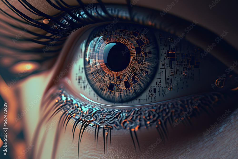 Female eye with cyberpunk implant of super vision. Close up eye with ...