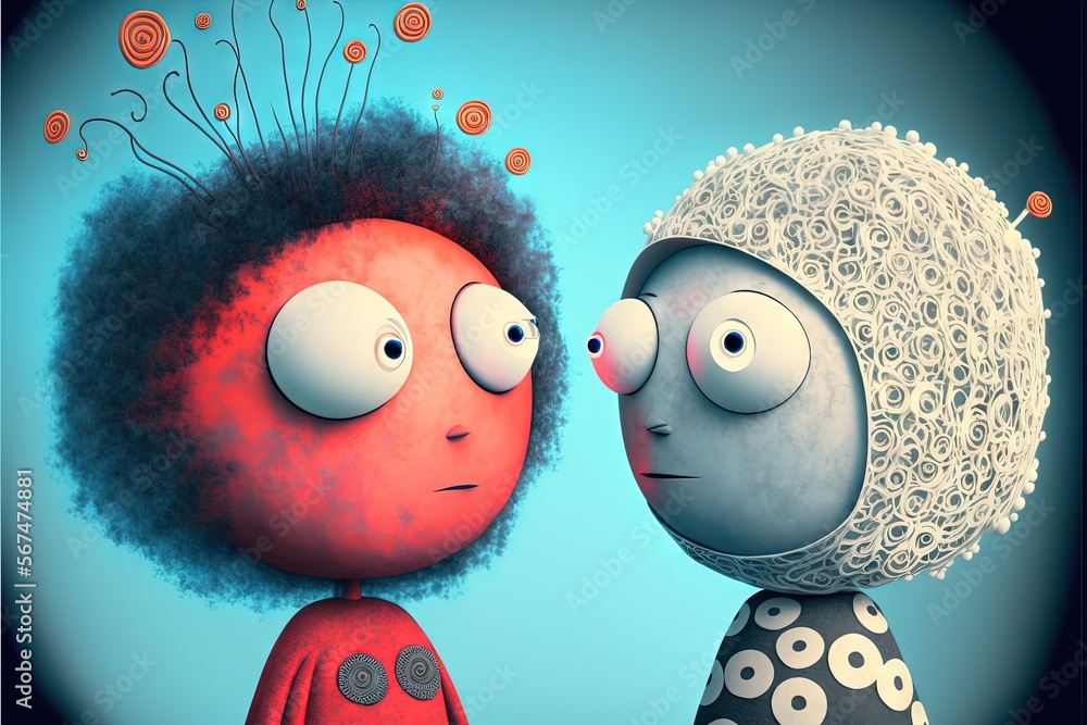 a couple of cartoon characters standing next to each other with ...