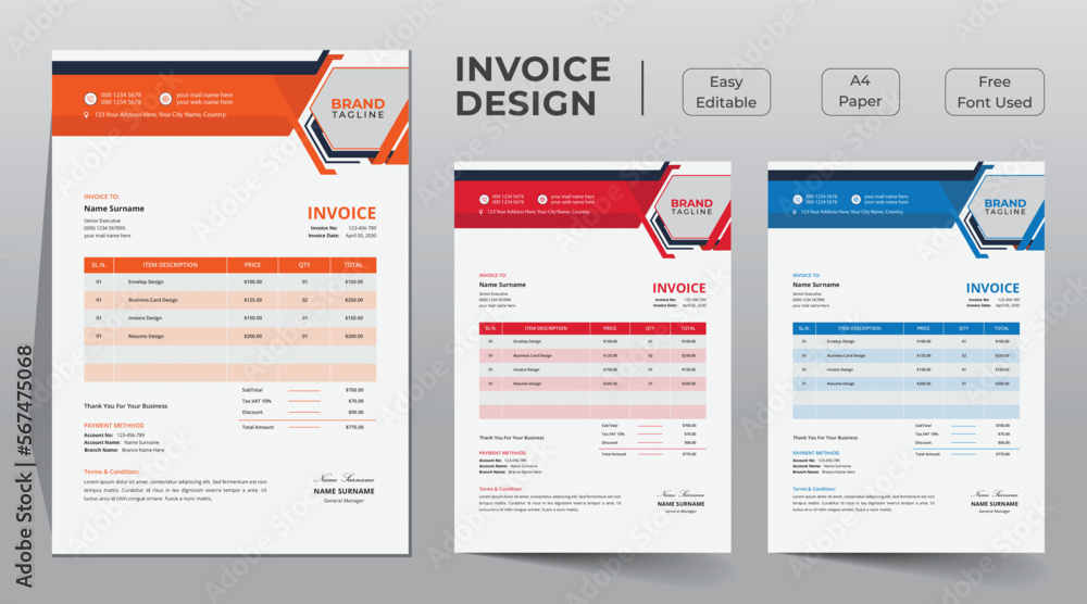 Business invoice template design with price receipt, payment agreement ...