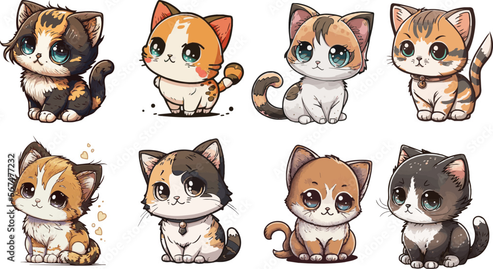 Set of cute cartoon cats for children. Colored vectors collections with ...
