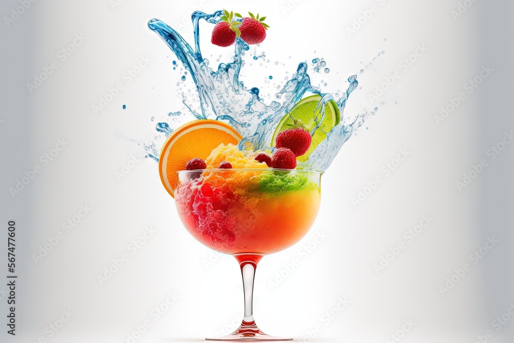 a fruit cocktail splashing out of a glass with a splash of water on top ...