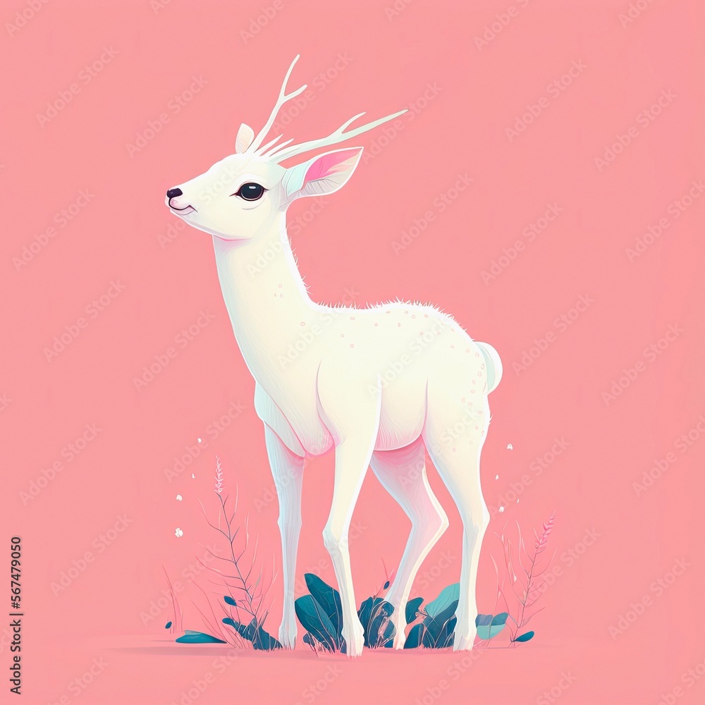 Beautiful white deer on the pink background. Cartoon character, art ...