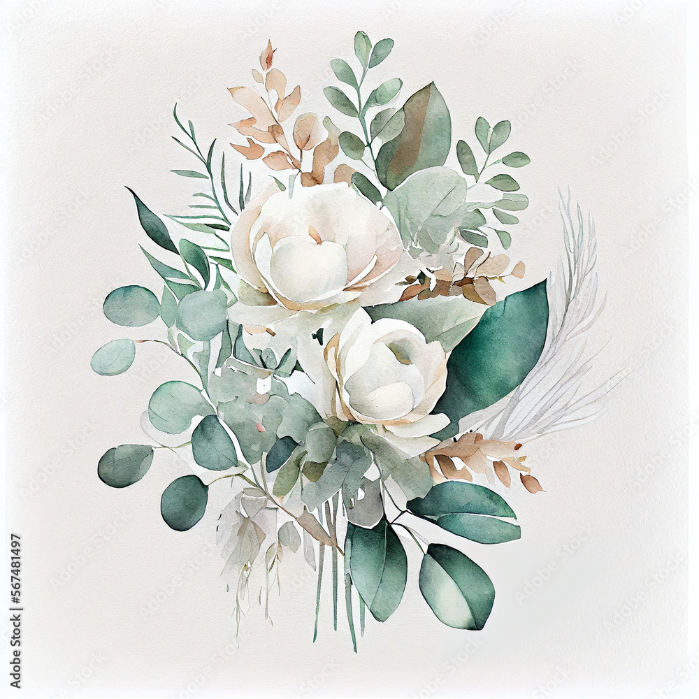 Watercolor floral illustration, white flowers, rose, peony, leaves and ...