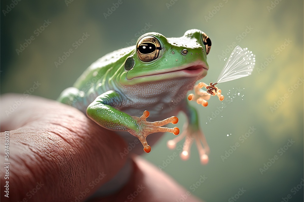 a small frog sitting on top of a persons hand with a fly in it's mouth ...