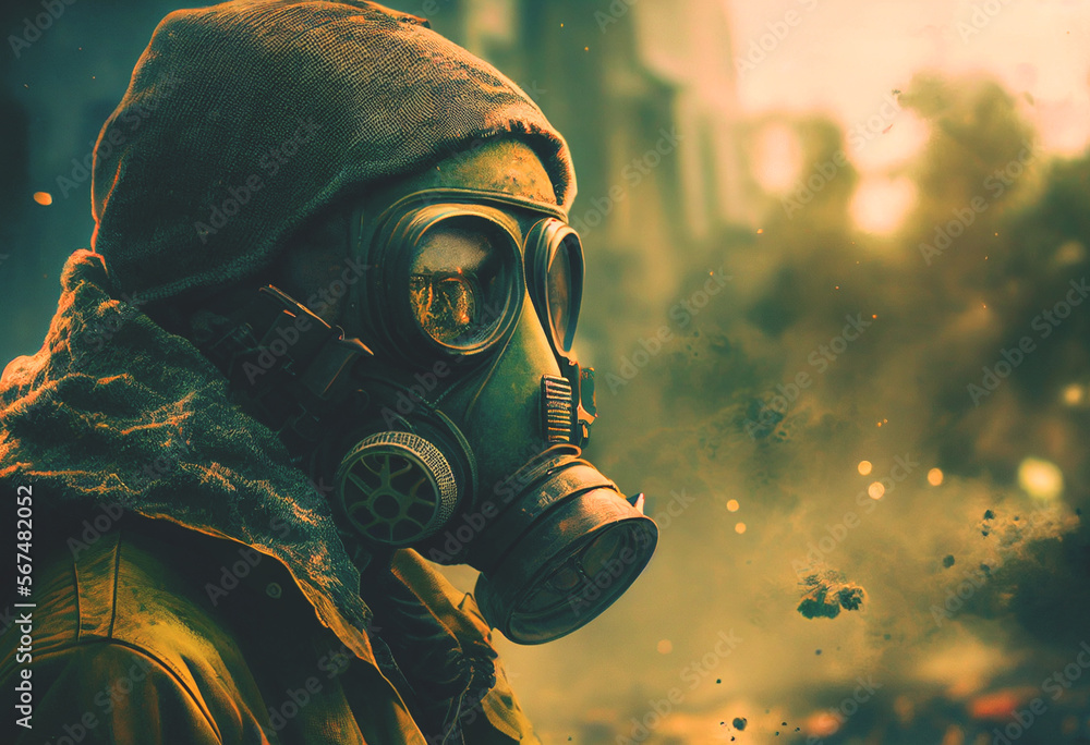 Gas mask on man during explosion. Chemical weapons against civil ...