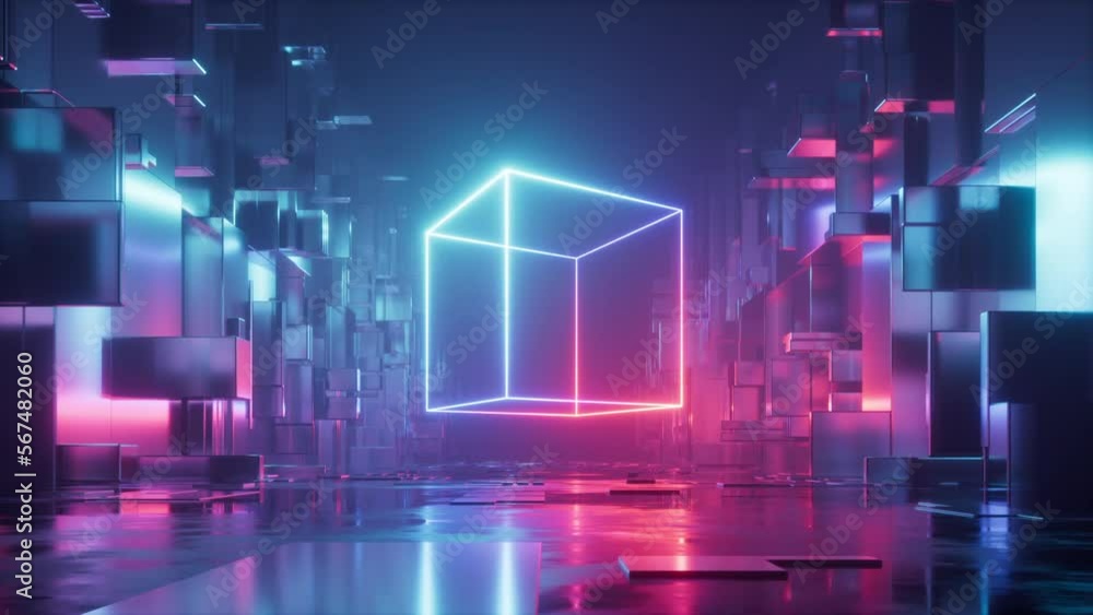 3d render, abstract red blue neon background. Glowing linear ...