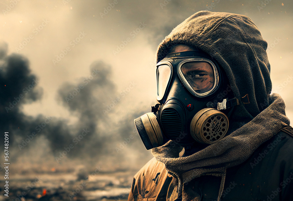 Gas mask on man during explosion. Chemical weapons against civil ...