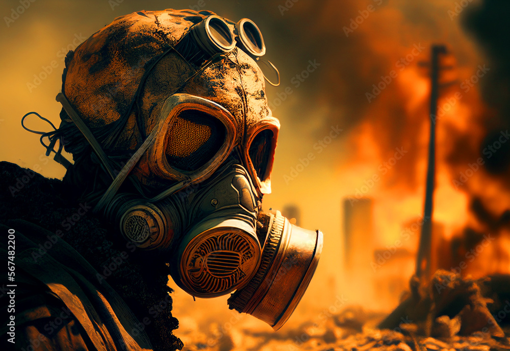 Gas mask on man during explosion. Chemical weapons against civil ...