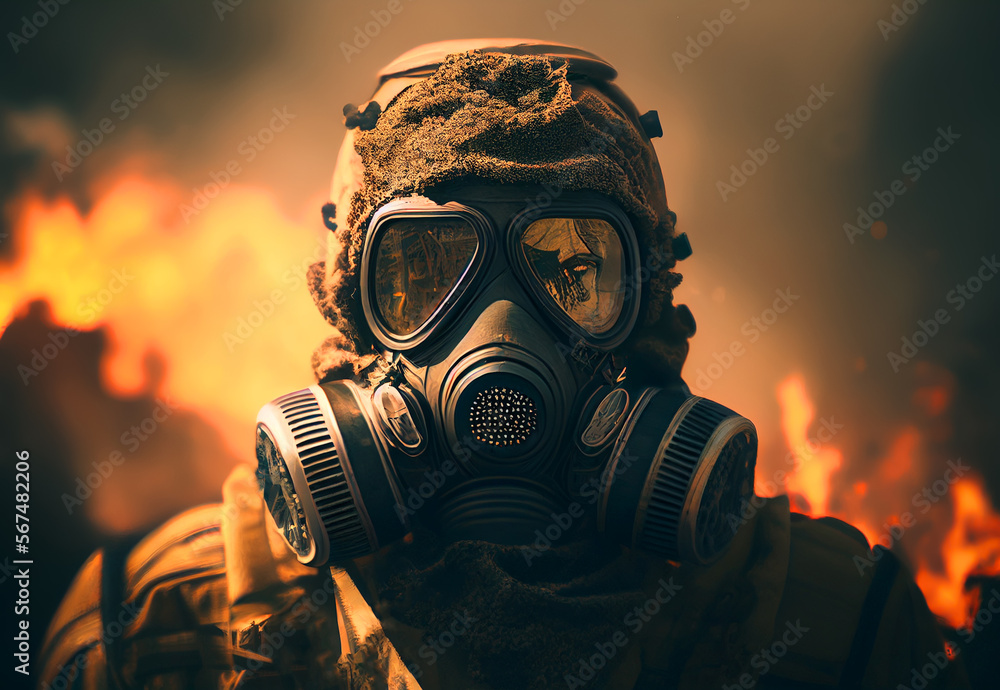Gas mask on man during explosion. Chemical weapons against civil ...