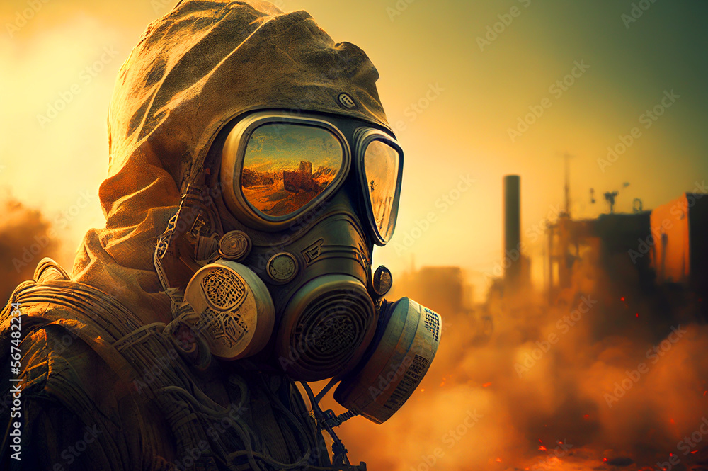 Gas mask on man during explosion. Chemical weapons against civil ...
