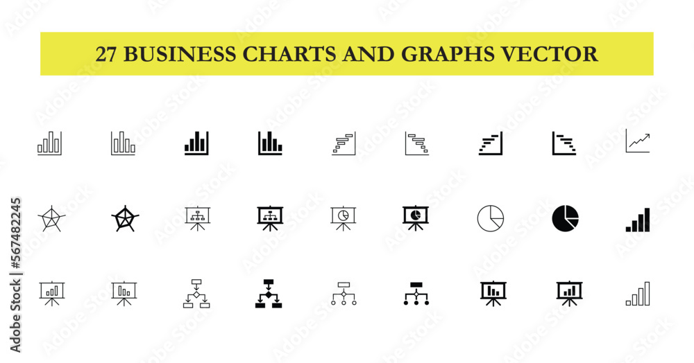 Set of 27 Business Charts and Graphs Vector Files. Outline pictograms ...